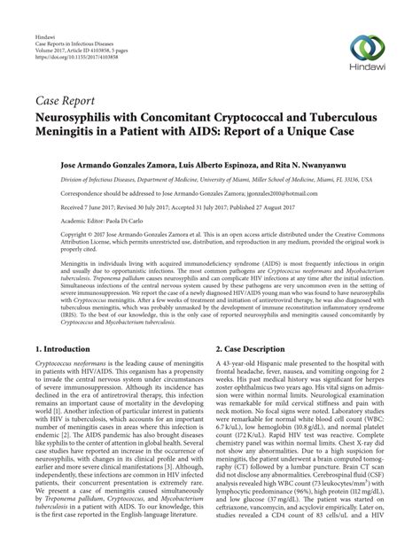 Pdf Neurosyphilis With Concomitant Cryptococcal And Tuberculous Meningitis In A Patient With