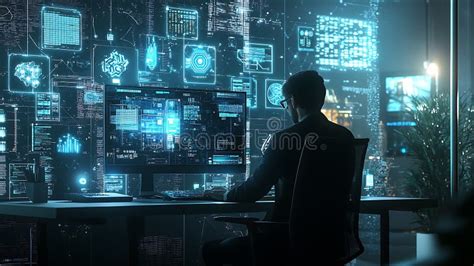 Futuristic Data Analysis A Professional Engaged With Advanced Technology Across Multiple Screens