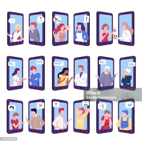 온라인 컨설팅 세트 모바일 채팅 또는 스마트 폰을 통해 사람들의 대화 서로 평면 벡터 일러스트를 직면 두 휴대 전화의 화면에 텍스트 거품 2명에 대한 스톡 벡터 아트 및