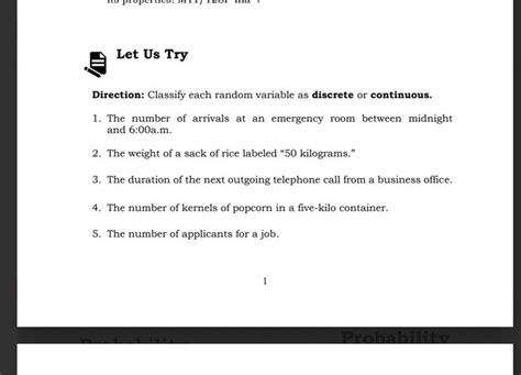 Let Us Try Direction Classify Each Random Variable As Discrete Or Continuous 1 The Number Of