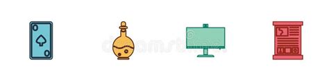 Set Playing Card With Diamonds Bottle Magic Elixir Computer Monitor And Game Guide Icon