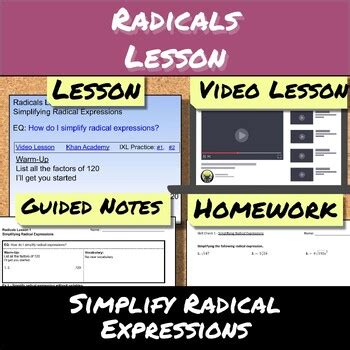 Simplify Radical Expressions Radicals Lesson Video Guided Notes Homework