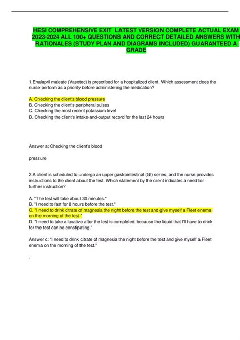 HESI COMPREHENSIVE EXIT LATEST VERSION COMPLETE ACTUAL EXAM ALL QUESTIONS AND CORRECT