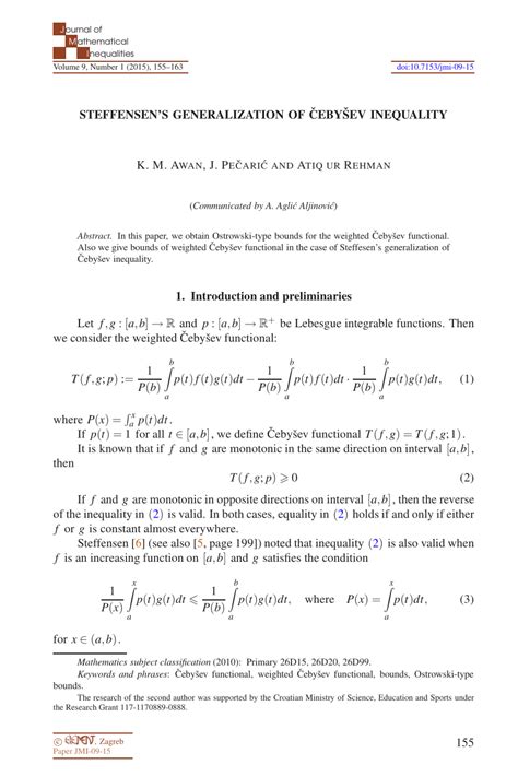 Pdf Steffensensgeneralization Of Chebyshev Inequality