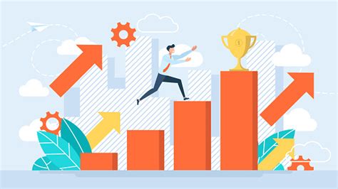 승리 경쟁의 개념 비즈니스 성공 전략 그 젊은이가 목표에 도달합니다 사업가는 비즈니스에서 혜택을 누릴 수 있습니다 직장에 대한 보상 골든 컵 1위 벡터 플랫 일러스트레이션