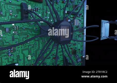 robotic arm installing processor into the circuit board with green