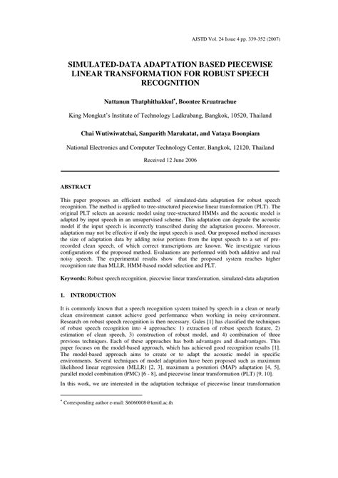 Pdf Simulated Data Adaptation Based Piecewise Linear Transformation For Robust Speech Recognition