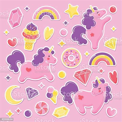 유니콘 귀여운 요소 컬렉션입니다 풍선 세트입니다 유니콘 아이스크림 레인 보우 과자 다이아몬드 벡터 일러스트 레이 션 T 셔츠에 대한 스톡 벡터 아트 및 기타 이미지 Istock