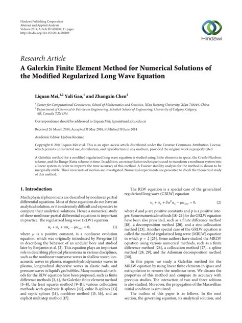 PDF A Galerkin Finite Element Method For Numerical Solutions Of The Modified Regularized Long