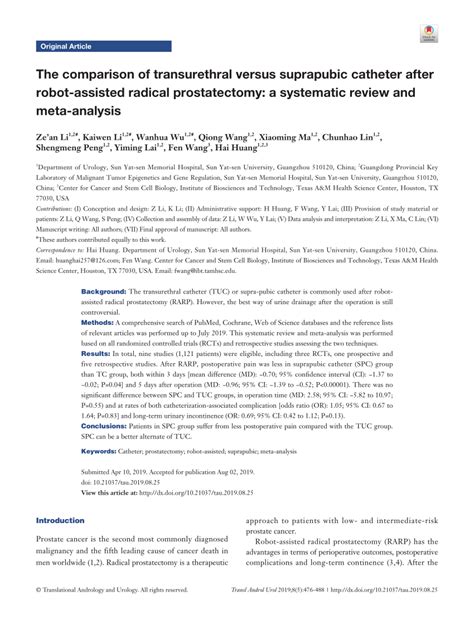 Pdf The Comparison Of Transurethral Versus Suprapubic Catheter After Robot Assisted Radical