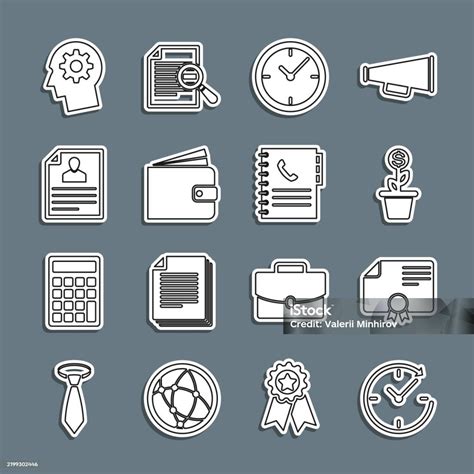 화살표가 있는 선 시계 인증서 템플릿 냄비에 달러 식물 지갑 이력서 내부 인간 헤드 기어 및 전화번호부 아이콘을 설정합니다 벡터 가방에 대한 스톡 벡터 아트 및 기타 이미지