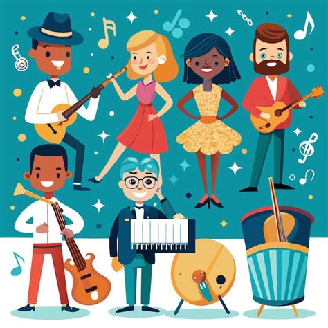 Un Grupo De Diversos Músicos De Dibujos Animados Tocando Instrumentos Y