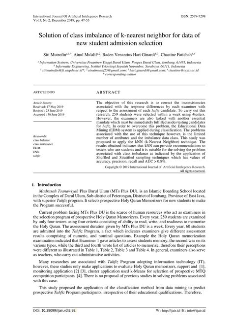 Pdf Solution Of Class Imbalance Of K Nearest Neighbor For Data Of New
