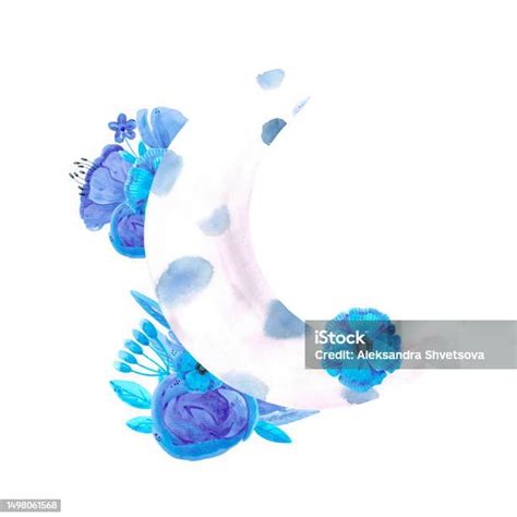 손으로 그린 수채화 파란 꽃 나뭇잎 달 구성 흰색으로 격리되어 있습니다 카드 패턴 초대장 라벨에 사용할 수 있습니다 0명에 대한 스톡 벡터 아트 및 기타 이미지 Istock