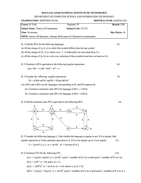 toc practice question course b tech subject name theory of