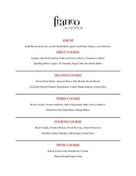 Francos Five Course Cocktail Menu Francos Five Course Cocktail Menu