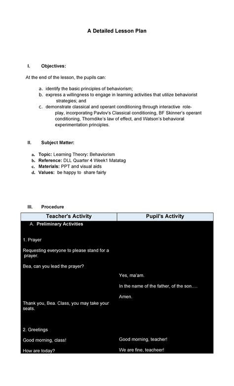 Epp 4q1 Detailed Lesson Plan On Behaviorism And Learning Theory Studocu