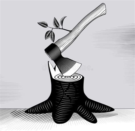 An Axe With A Growing Branch From The Handle Embedded In The Stump Of A