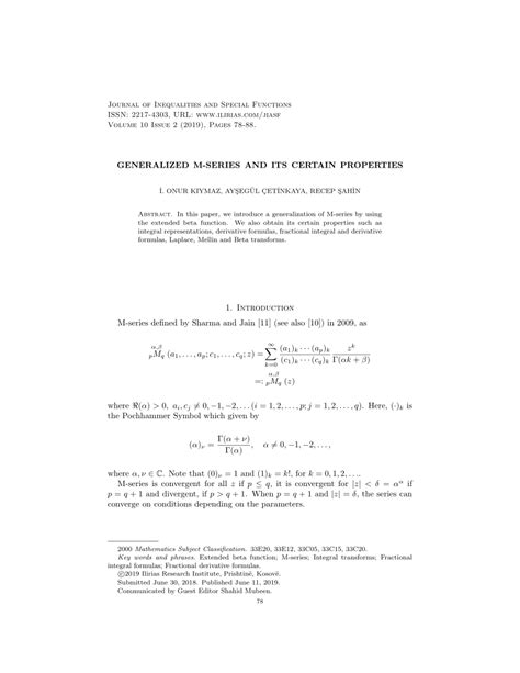 Pdf Generalized M Series And Its Certain Properties