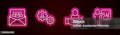 세트 라인 프로젝트 팀 기지 기어를 가진 인간 경영진의 노동자 및 리더 빛나는 네온 아이콘입니다 벡터 개념에 대한 스톡 벡터 아트 및 기타 이미지 Istock