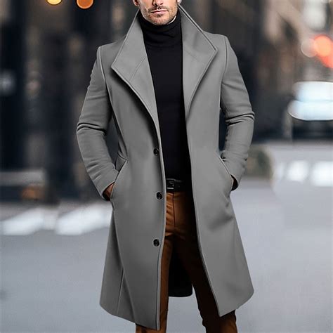 Qulqfy Long Coats For Men Gray Wool Blend Winter Single Breasted