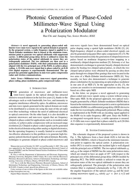 Pdf Photonic Generation Of Phase Coded Millimeter Wave Signal Using A Polarization Modulator