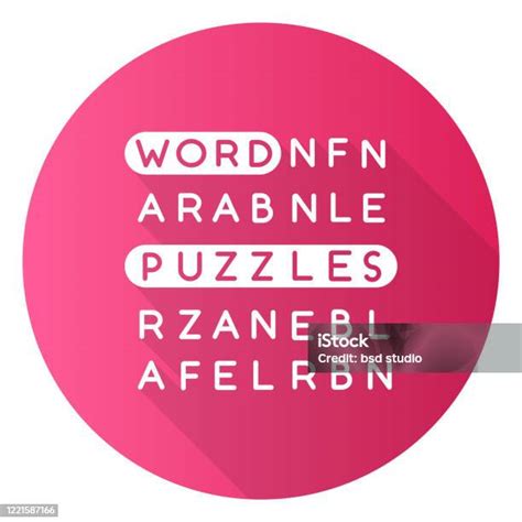 워드 퍼즐 핑크 플랫 디자인 긴 그림자 문표 아이콘입니다 정신 운동 숨겨진 단어 검색 게임 그리드입니다 언어 어휘 테스트 수수께끼 솔루션 찾기 벡터 실루엣 일러스트레이션