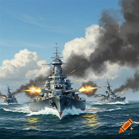 A Naval Battle In A Harbor With Ships Exploding Planes Attacking And
