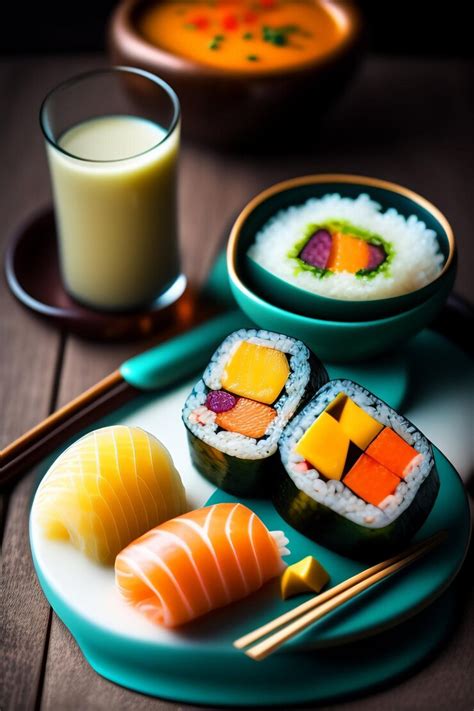 Free Photo A Plate Of Sushi And Milk With A Glass Of Milk