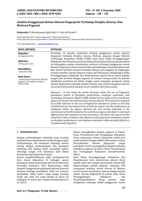 Pdf Analisis Penggunaan Sistem Absensi Fingerprint Terhadap Disiplin Kinerja Dan Motivasi