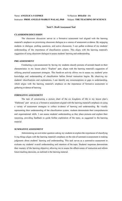 Task 9 Draft Assessment Tools Name Angelica S Gomez Yrsection Bsscied 3a Instructor Prof