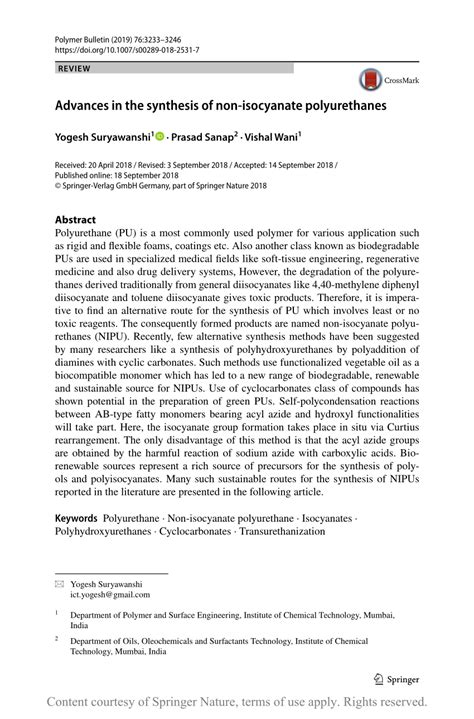 Advances In The Synthesis Of Non Isocyanate Polyurethanes Request Pdf