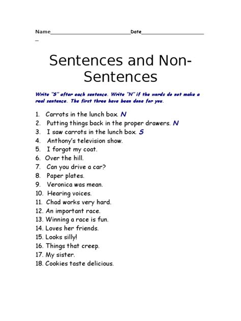 Sentence Non Sentence Practice Pdf Language Arts And Discipline