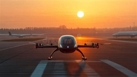 Autonomous Drone Taxi On Airport Runway At Sunset Stock Illustration