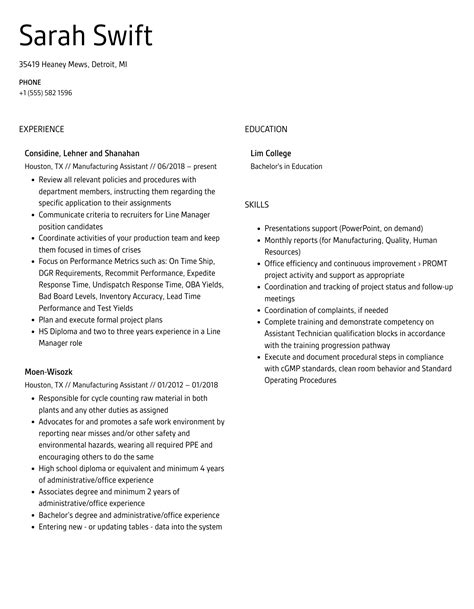Manufacturing Assistant Resume Samples Velvet Jobs