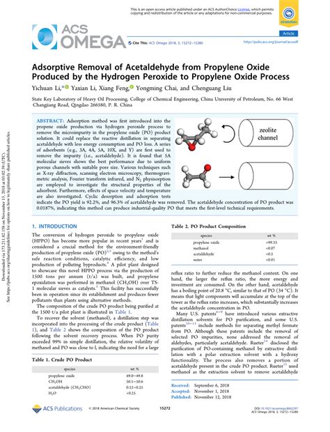 Pdf Adsorptive Removal Of Acetaldehyde From Propylene Oxide Produced