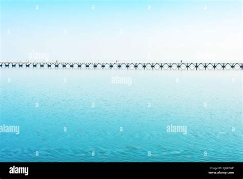 Vasco Da Gama Pedestrian Bridge Over Tagus River Lisbon Portugal Stock