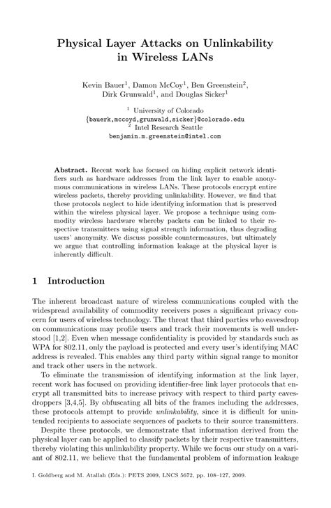 Pdf Physical Layer Attacks On Unlinkability In Wireless Lans