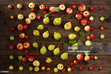 화려한 프레임 나무 배경에 신선한 빨간 가을 사과의 과일 패턴 가을에 대한 스톡 사진 및 기타 이미지 가을 갈색 개체 그룹 Istock