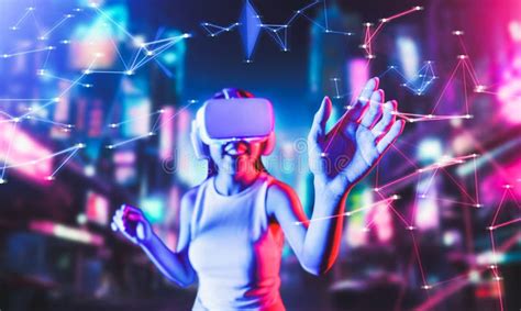 blurry female in metaverse try use hand touching virtual objects