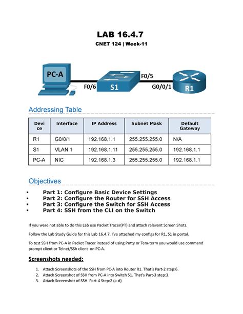 LAB 16 Cisco Packet Tracer LAB 16 CNET 124 Week Addressing Table Devi Ce