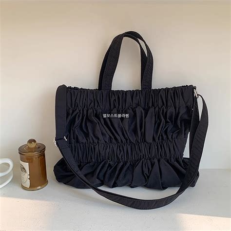 나일론 패브릭 셔링 주름 토트 숄더 크로스백 에코백 가방 블랙 블루 카키 아이보리