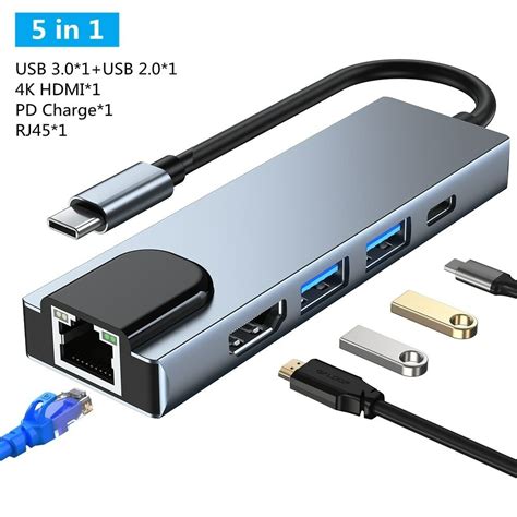 5 In 1 Usb C Hub Multiport Adapter 4k Hdmi Rj45 Ethernet Input