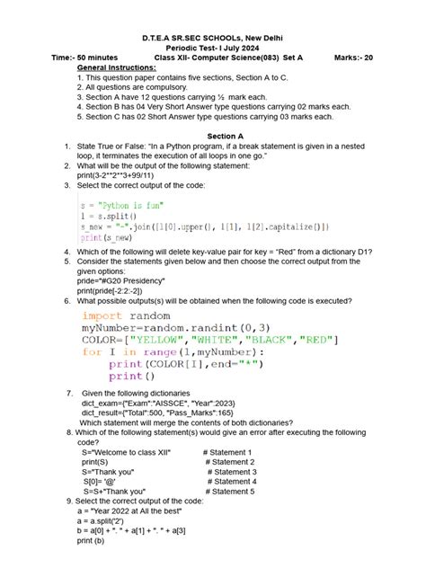 Class Xii Ut 1 Cs Set A Pdf Control Flow Python Programming