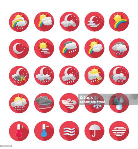 날씨 예보 기상 아이콘 평면 디자인 벡터 아이콘 스톡 일러스트 세트 다채로운 일기 예보 디자인 요소 모바일 애플 리케이션과 위젯에 적합합니다 집합에는 포함됩니다 태양 비