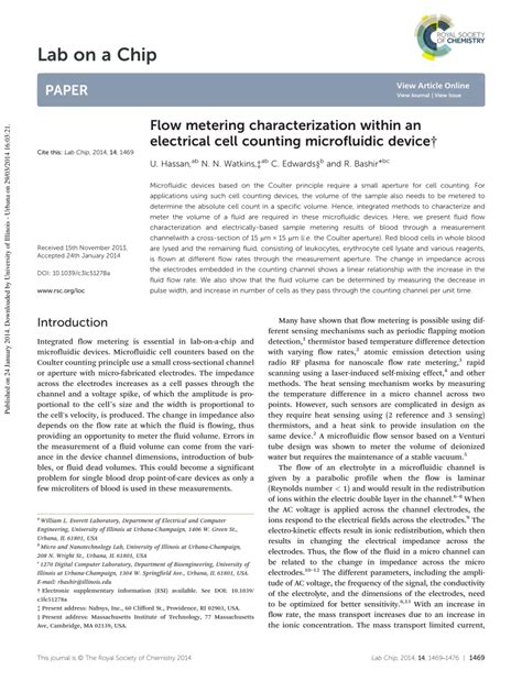 Pdf Flow Metering Characterization Within An Electrical Cell Counting Microfluidic Device