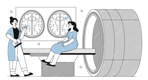 Premium Vector Mri Scanning Linear Woman With Doctor Near Apparatus For Brain Scanning