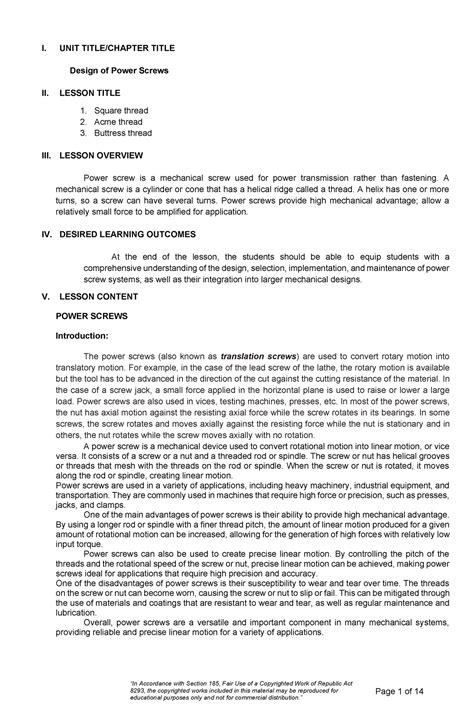Design Of Power Screws Page 1 Of 14 In Accordance With Section 185 Fair Use Of A Copyrighted