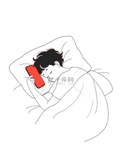 可爱小男孩躺在床上玩手机插图插画图片 千库网