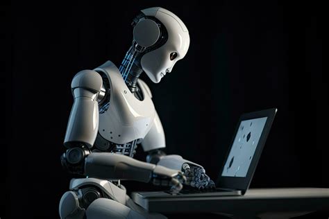 3d Rendering Humanoid Robot Working With Laptop Computer On Black Background An Ai Robot